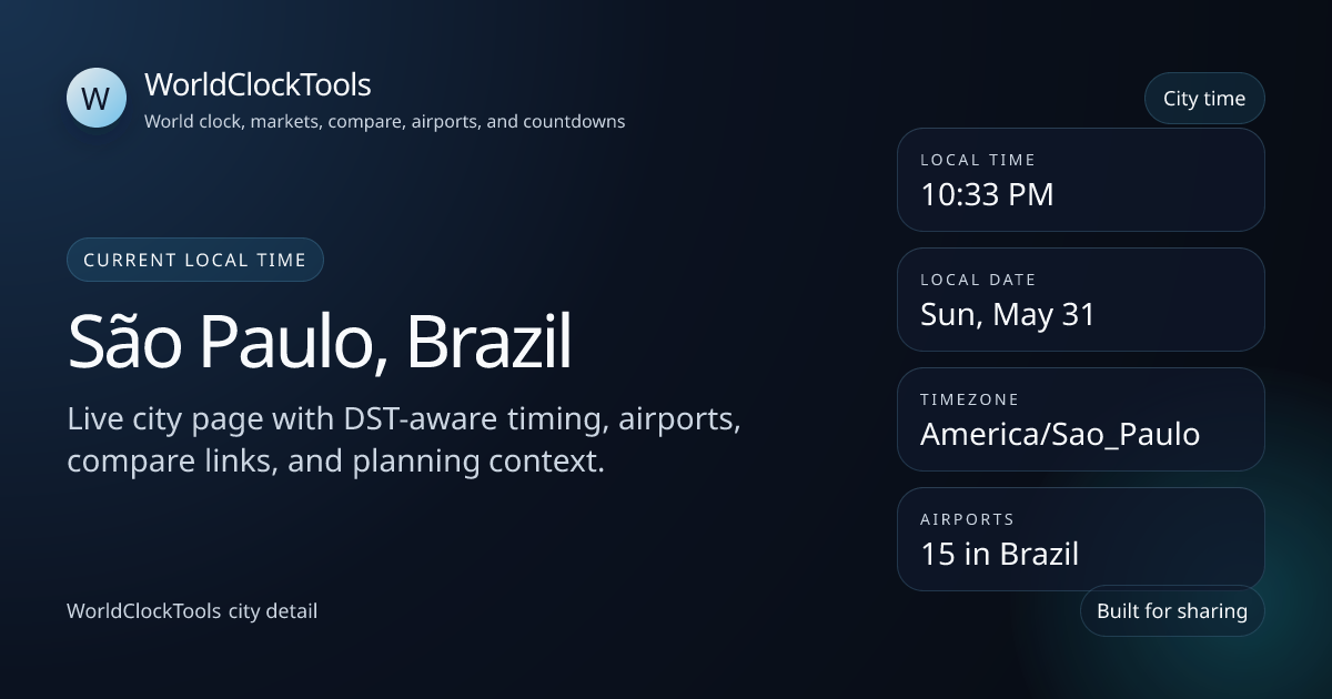 Current Time in São Paulo, Brazil — BRT (UTC-03:00) | WorldClockTools