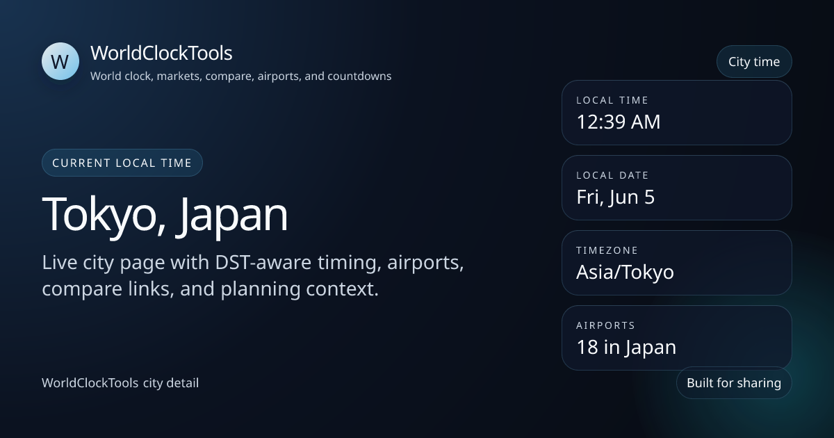 Current Time in Tokyo, Japan — JST (UTC+09:00) | WorldClockTools